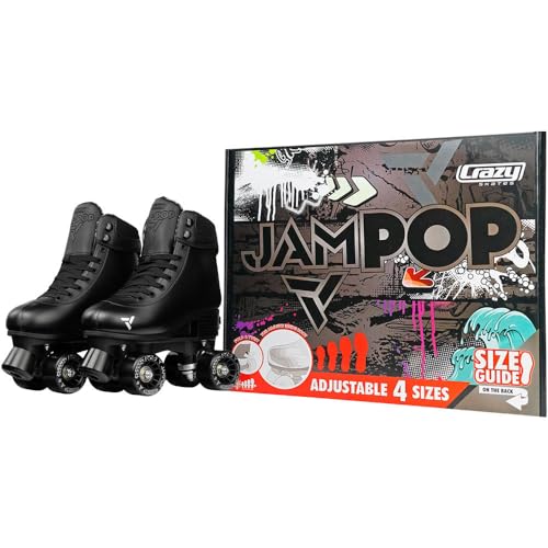 Crazy Skates Adjustable Roller Skates for Boys and Girls - Jam Pop Series - Size Adjustable to Fit 4 Sizes - Black (Size: Medium | 3-6)