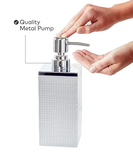 Creative Scents White Bathroom Accessories Set - 4 Piece Bathroom Set with Silver Base - Decorative Bathroom Accessory Set Includes: Soap Dispenser, Toothbrush Holder, Soap Dish and Tumbler (Estella)
