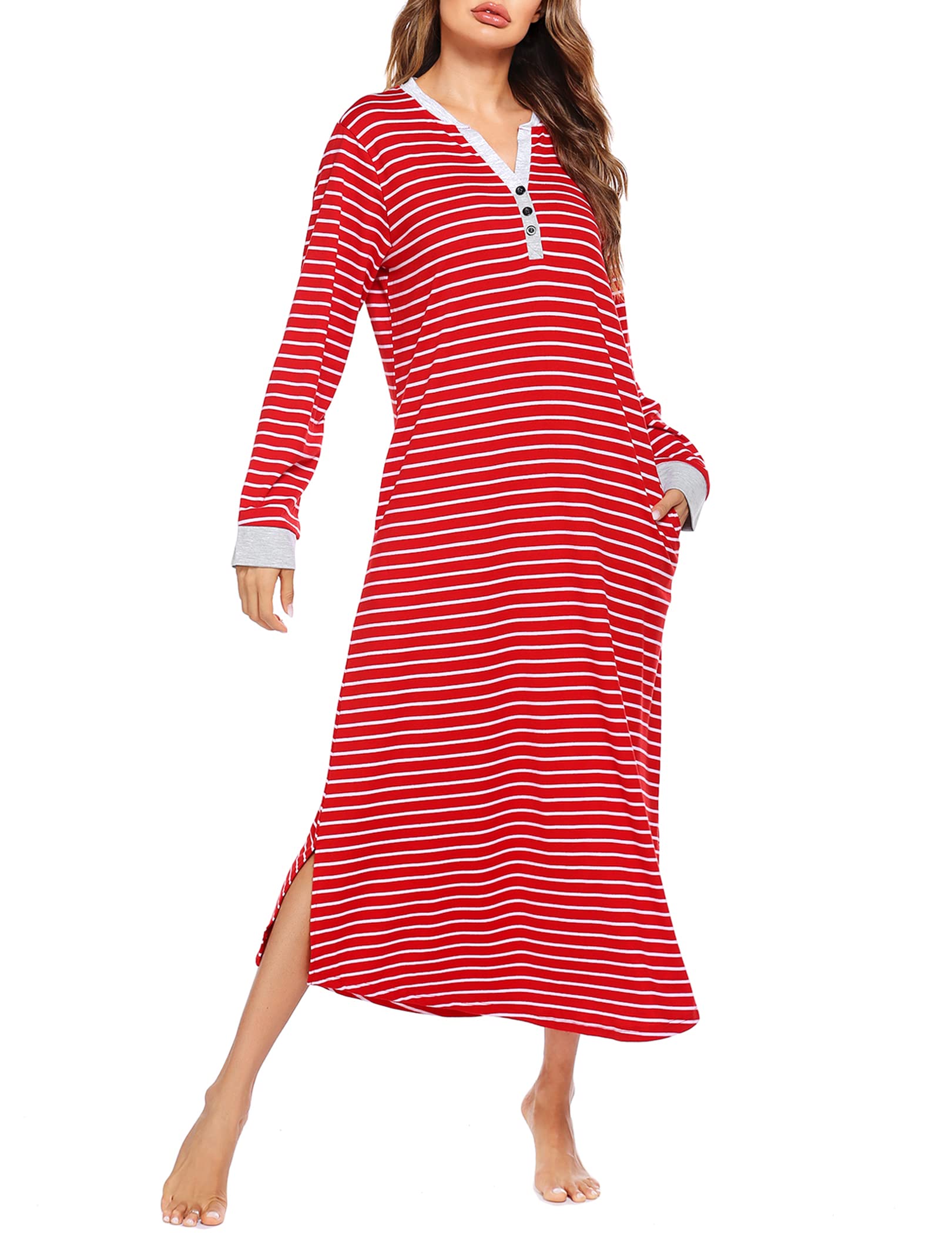 Ekouaer Women Striped Nightgown Long Loungewear Nightshirt Sleepwear with Pockets Red Stripe, X-Large