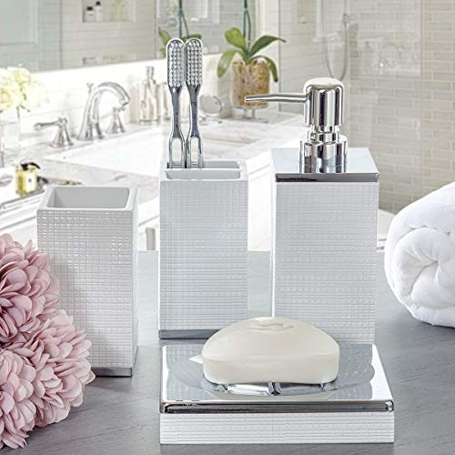 Creative Scents White Bathroom Accessories Set - 4 Piece Bathroom Set with Silver Base - Decorative Bathroom Accessory Set Includes: Soap Dispenser, Toothbrush Holder, Soap Dish and Tumbler (Estella)