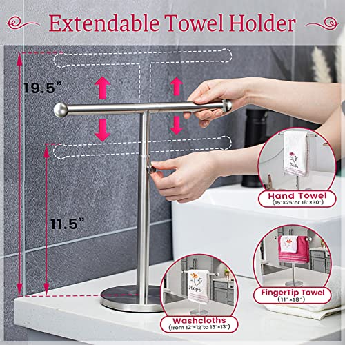 Counter Towel Holder for Bathroom - Extends 11.5” to 19.5” Stainless Steel 304 Fingertip Towel Holder, Anti-Rust Kitchen Countertop Towel Stand, Adjustable Hand Towel Holder Stand for Bathroom