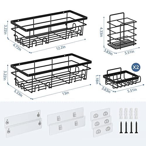 POKIPO Shower Caddy, 5-Pack Shower Organizer with Soap Dishes & Toothbrush Holder, Adhesive or Drilling Stainless Steel Shower Shelves, Rustproof Rack for Bathroom Storage, Decor, Wall Mounted, Black