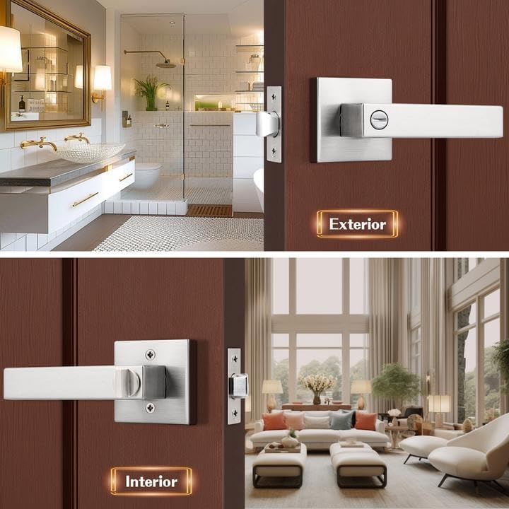 Probrico 4 Pack Square Door Levers Door Locks, Keyless Privacy Handles Locksets Interior Bed and Bath Hardware in Satin Nickel,Heavy Duty Hardware