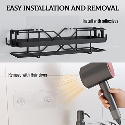 Bathroom Shower Organizer, YASONIC 2-Pack Strong Adhesive Shower Caddy with Soap Holder and 8 Hooks, No Drilling Wall Mounted Rustproof Stainless Steel Shower Shelf, for Inside Shower, Bathroom, Black