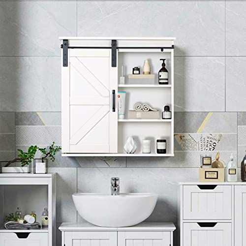 MFSTUDIO Farmhouse Small Bathroom Cabinet Wall Mounted Hanging Medicine Cabinets, Kitchen Storage Organizer with Rustic Barn Door for Living Room Bedroom, Ivory