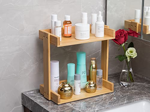 BATKIHO Bathroom Countertop Organizer, 2-Tier Bamboo Vanity Skincare Perfume Organizer, Bathroom Perfume Trays for Makeup Organization and Decor