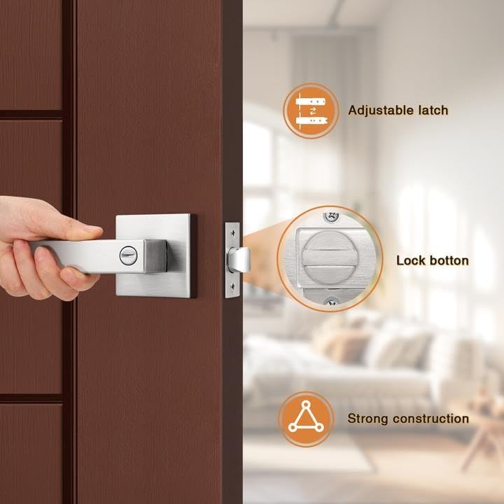 Probrico 4 Pack Square Door Levers Door Locks, Keyless Privacy Handles Locksets Interior Bed and Bath Hardware in Satin Nickel,Heavy Duty Hardware