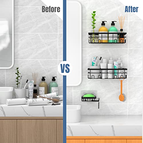 POKIPO Shower Caddy, 5-Pack Shower Organizer with Soap Dishes & Toothbrush Holder, Adhesive or Drilling Stainless Steel Shower Shelves, Rustproof Rack for Bathroom Storage, Decor, Wall Mounted, Black