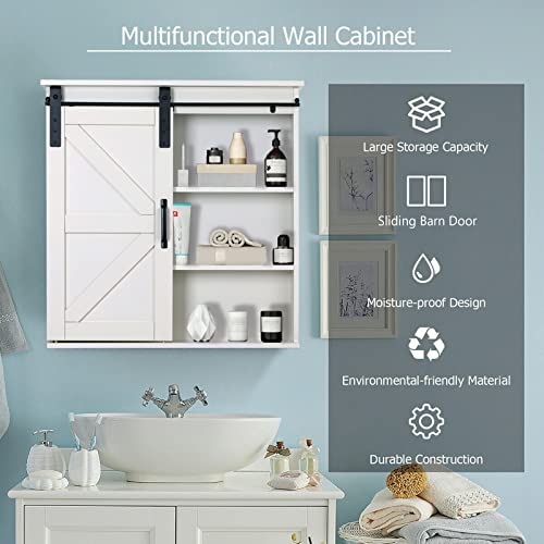MFSTUDIO Farmhouse Small Bathroom Cabinet Wall Mounted Hanging Medicine Cabinets, Kitchen Storage Organizer with Rustic Barn Door for Living Room Bedroom, Ivory