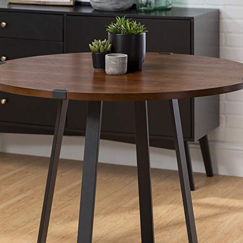 Walker Edison 4 Person Round Industrial Modern Wood Small Dining Table Dining Room Kitchen Table Set Dining Chairs Set, 40 Inch, Dark Walnut and Black