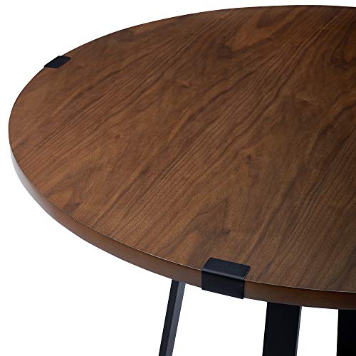 Walker Edison 4 Person Round Industrial Modern Wood Small Dining Table Dining Room Kitchen Table Set Dining Chairs Set, 40 Inch, Dark Walnut and Black