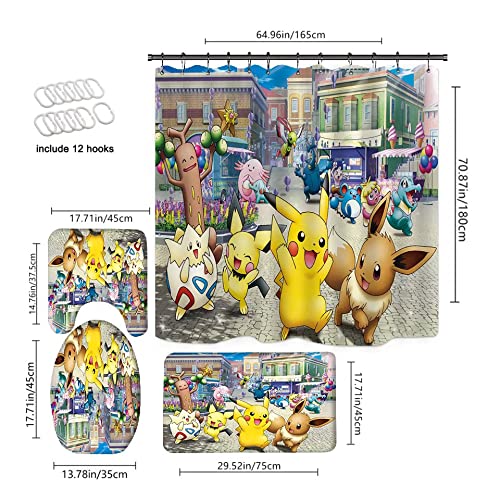 Jauiegu 4 Pcs Funny Anime Shower Curtain Set with Non-Slip Rugs for Bathroom Decor, Toilet Lid Cover and Bath Mat, Shower Curtain with 12 Hooks,