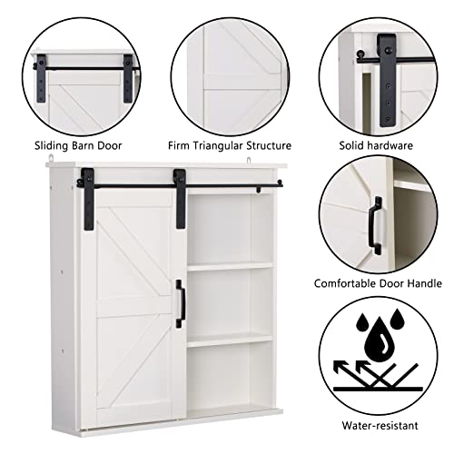 MFSTUDIO Farmhouse Small Bathroom Cabinet Wall Mounted Hanging Medicine Cabinets, Kitchen Storage Organizer with Rustic Barn Door for Living Room Bedroom, Ivory