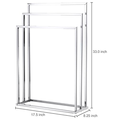 MyGift Silver Chrome Plated Metal Free Standing Towel Rack Stand with 3 Bars for Bathroom, Bedroom, Laundry Room, Blanket Rack