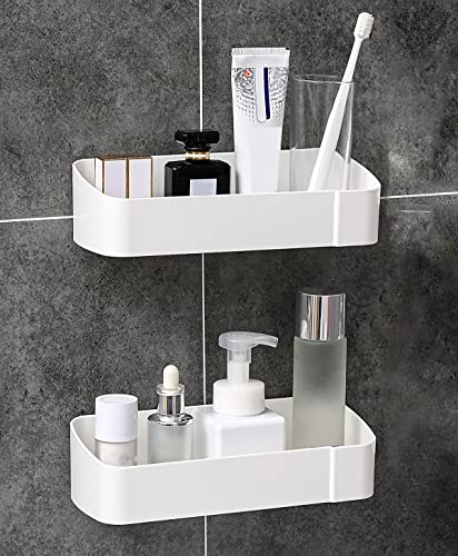 Fineget Plastic Shower Caddy Adhesive Shower Shelves for Wall Bathroom Kitchen Bathtub Rustproof Home Basket Shelf Removable No Drilling Space Saving Shower Storage Organizer Quick Dry White 2 Pack