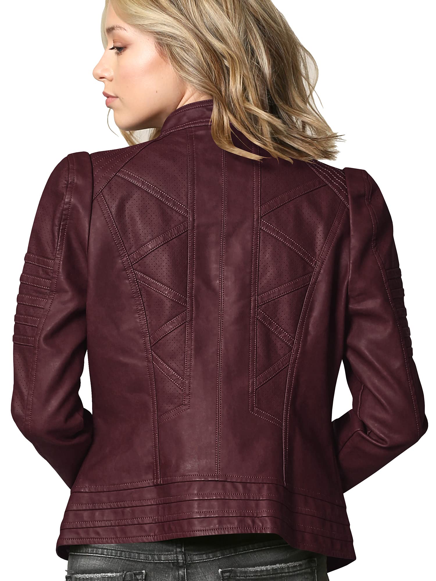 Lock and Love LL WJC746 Womens Vegan Faux Leather Motorcycle Jacket L Wine