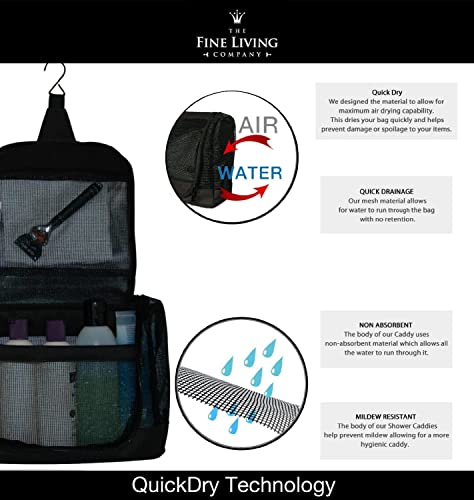 The Fine Living Co. Portable Hanging Shower Caddy Organizer Bag, Quick Dry Mesh Shower Caddy Tote Bag Pouch with Metal Hook for Bathroom College Dorm Camp Gym Camping Toiletry Bath (12โx3โx8โ)