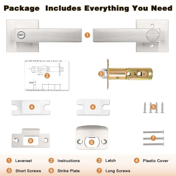 Probrico 4 Pack Square Door Levers Door Locks, Keyless Privacy Handles Locksets Interior Bed and Bath Hardware in Satin Nickel,Heavy Duty Hardware