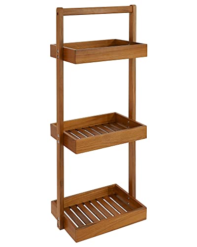 Utoplike Teak Wood Shower Caddy Corner, 3 Tier Standing Shower Organizer with Handle, Bathroom Stand Up Shower Shelf Caddy Basket for Shampoo, Rack for Inside Shower, for Bath, Office, Kitchen Desktop