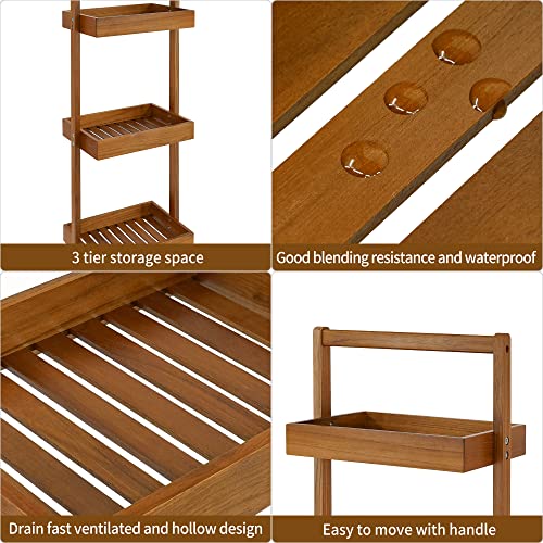 Utoplike Teak Wood Shower Caddy Corner, 3 Tier Standing Shower Organizer with Handle, Bathroom Stand Up Shower Shelf Caddy Basket for Shampoo, Rack for Inside Shower, for Bath, Office, Kitchen Desktop