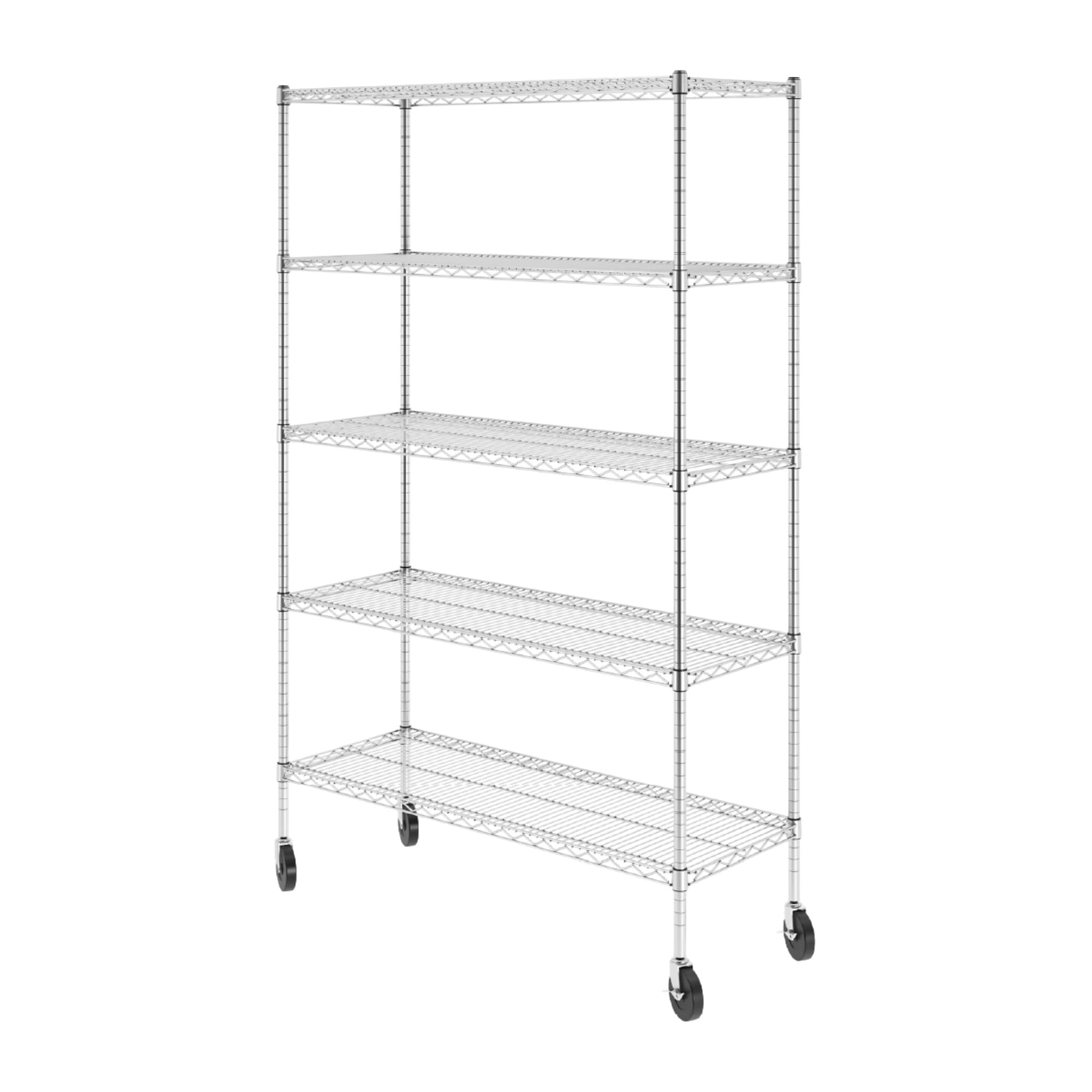SafeRacks - NSF Certified Storage Shelves, Zinc, Heavy Duty Steel Wire Unit with Wheels and Adjustable Feet, Garage or Bakers Rack, Kitchen, Pantry Shelf - (18"x48"x72" 5-Tier) (Silver)