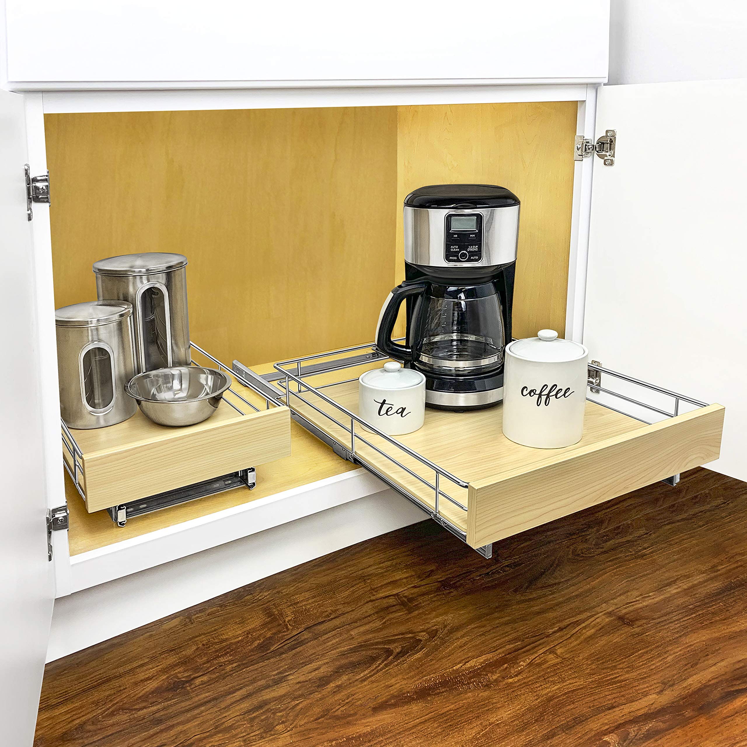 LYNK PROFESSIONAL® SELECT™ Pull Out Cabinet Organizer, 14" x 21" Slide Out Drawers for Kitchen Cabinets - Sliding Pull-Out Pantry Shelves – Home Shelf Organizers - Lifetime Ltd. Warranty, Wood Chrome