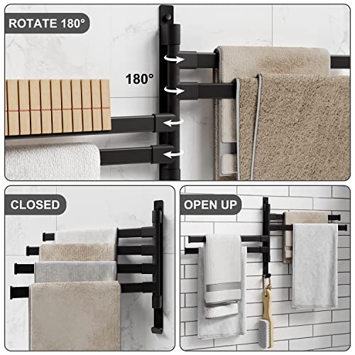 KLDKLD Swivel Towel Rack,Wall Mounted Towel Bar for Bathroom,4-Arms Towel Rack with Hook, Space Saving Towel Holder for Bathroom