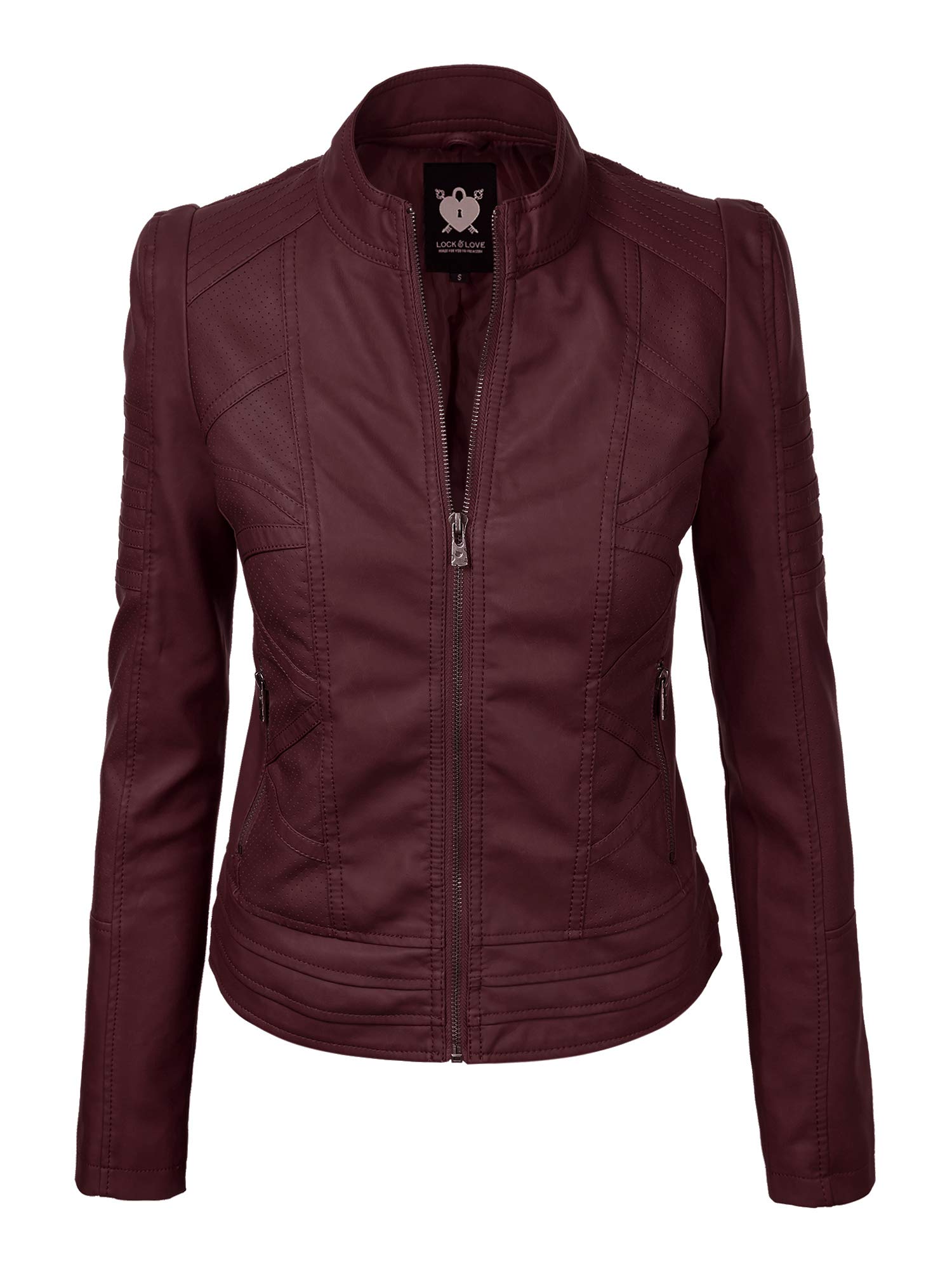Lock and Love LL WJC746 Womens Vegan Faux Leather Motorcycle Jacket L Wine