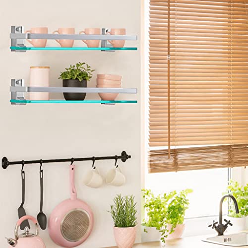 Sanbege 2-Pack Tempered Glass Bathroom Shelf with Rail, 15" x 4.5" Rectangular Shower Caddy, Wall Mounted Floating Shampoo Holder for Lavatory, Kitchen, Living Room