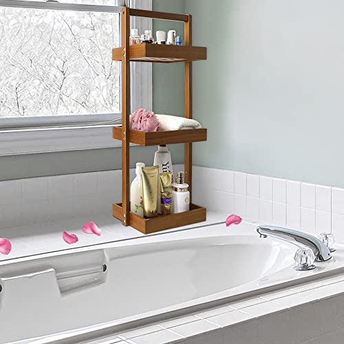 Utoplike Teak Wood Shower Caddy Corner, 3 Tier Standing Shower Organizer with Handle, Bathroom Stand Up Shower Shelf Caddy Basket for Shampoo, Rack for Inside Shower, for Bath, Office, Kitchen Desktop