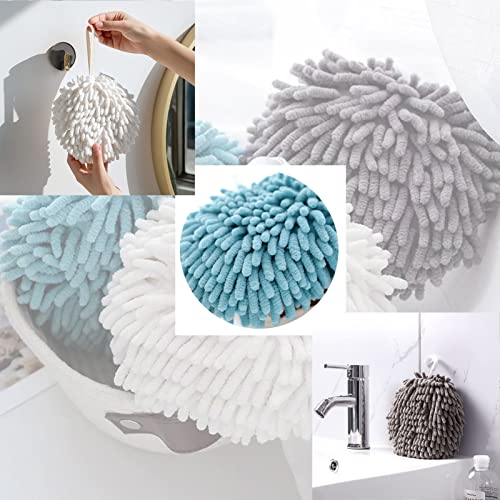 XINOBO 2Pack Chenille Hand Drying Puff Towel Balls, Fuzzy Ball Towel Quick Dry with Hook Hanging, Creative Decorative Bath Towel Set for Bathroom Kitchen - Dry Your Hand Instantly - (Gray & Gray)