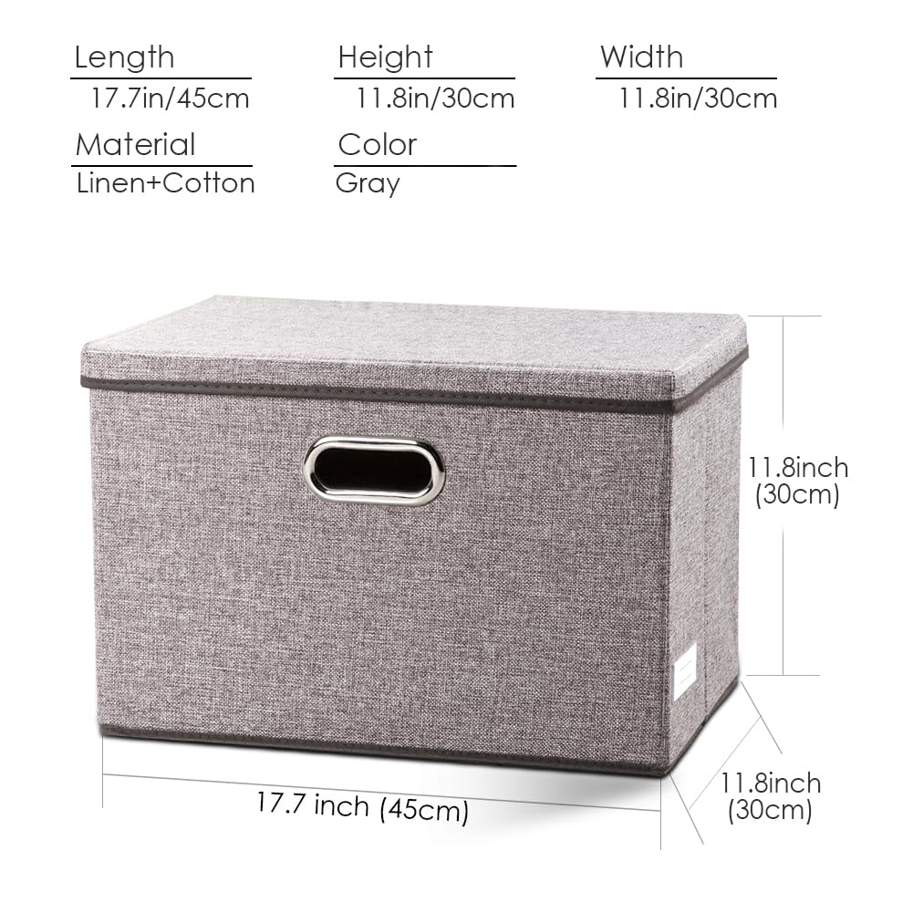 PRANDOM Large Foldable Storage Bin with Lid [1-Pack] Linen Fabric Decorative Storage Box Organizer Containers Basket Cube with Handles Divider for Bedroom Closet Office Living Room (17.7x11.8x11.8)
