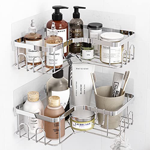 Fixwal 2 Pack Corner Shower Caddy, Adhesive Shower Corner Shelf Organizer with 4 Removable Hooks, No Drilling Shower Shelves for Bathroom Storage (Silver)