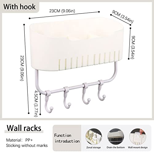 Bathroom Shower Basket Wall Mounted Shower Caddy Shelf with Hooks, No Drilling Removable Bathroom Shelf Organizer for Shampoo, Body Wash, Conditioner, Plastic Shower Rack for Kitchen & Bathroom