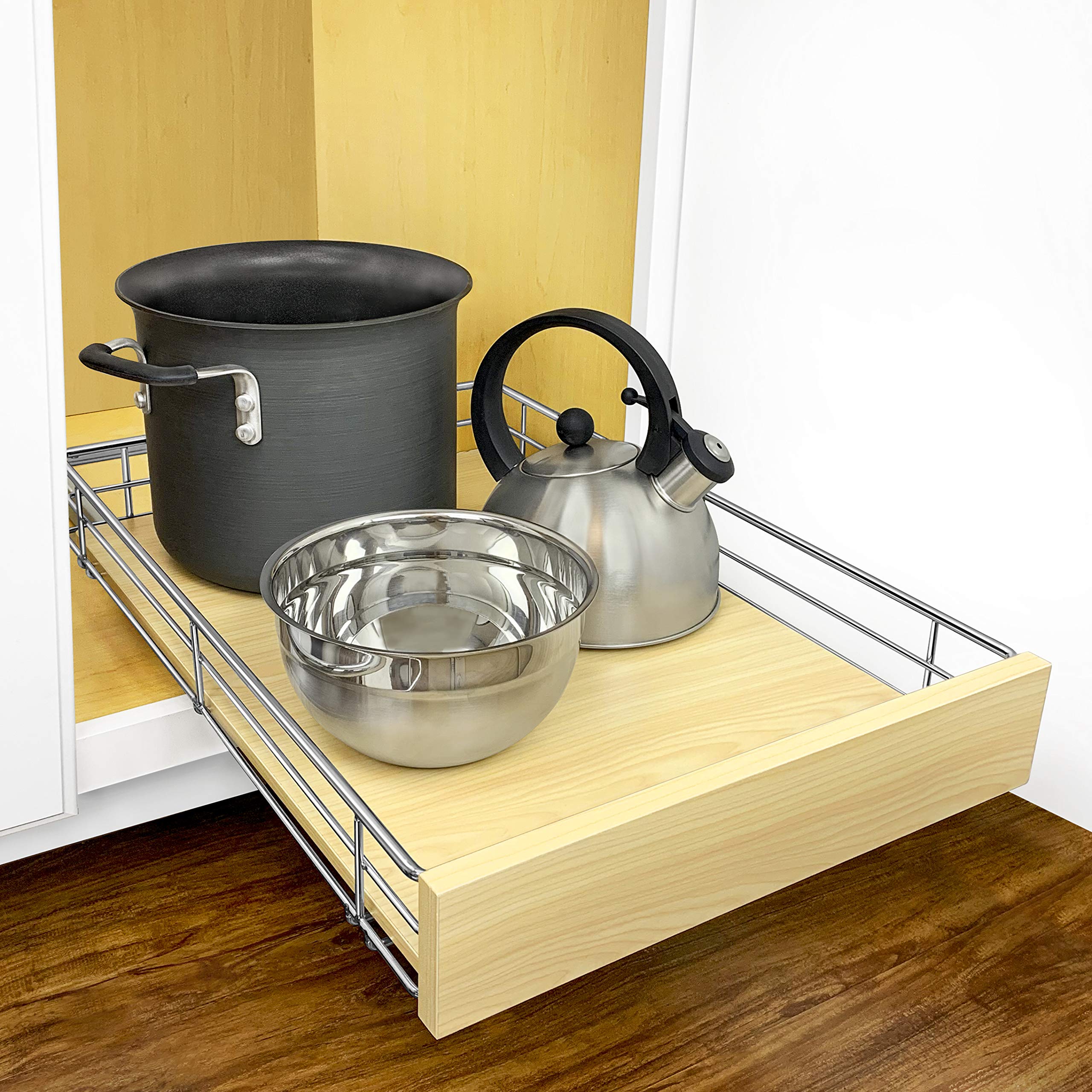 LYNK PROFESSIONAL® SELECT™ Pull Out Cabinet Organizer, 14" x 21" Slide Out Drawers for Kitchen Cabinets - Sliding Pull-Out Pantry Shelves – Home Shelf Organizers - Lifetime Ltd. Warranty, Wood Chrome