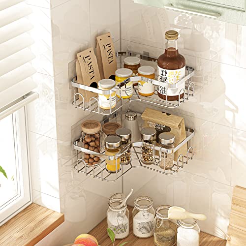 Fixwal 2 Pack Corner Shower Caddy, Adhesive Shower Corner Shelf Organizer with 4 Removable Hooks, No Drilling Shower Shelves for Bathroom Storage (Silver)