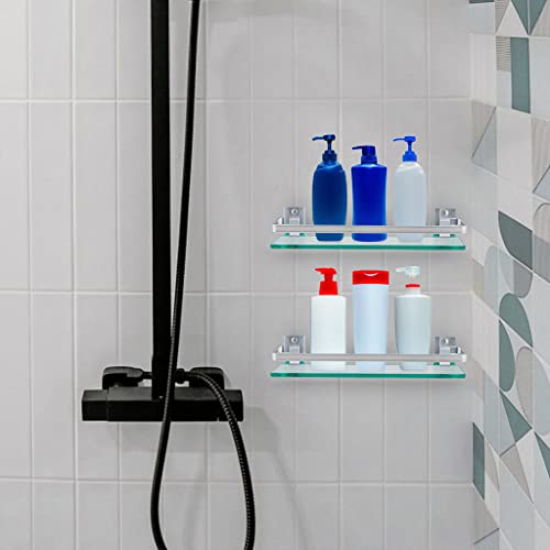 Sanbege 2-Pack Tempered Glass Bathroom Shelf with Rail, 15" x 4.5" Rectangular Shower Caddy, Wall Mounted Floating Shampoo Holder for Lavatory, Kitchen, Living Room