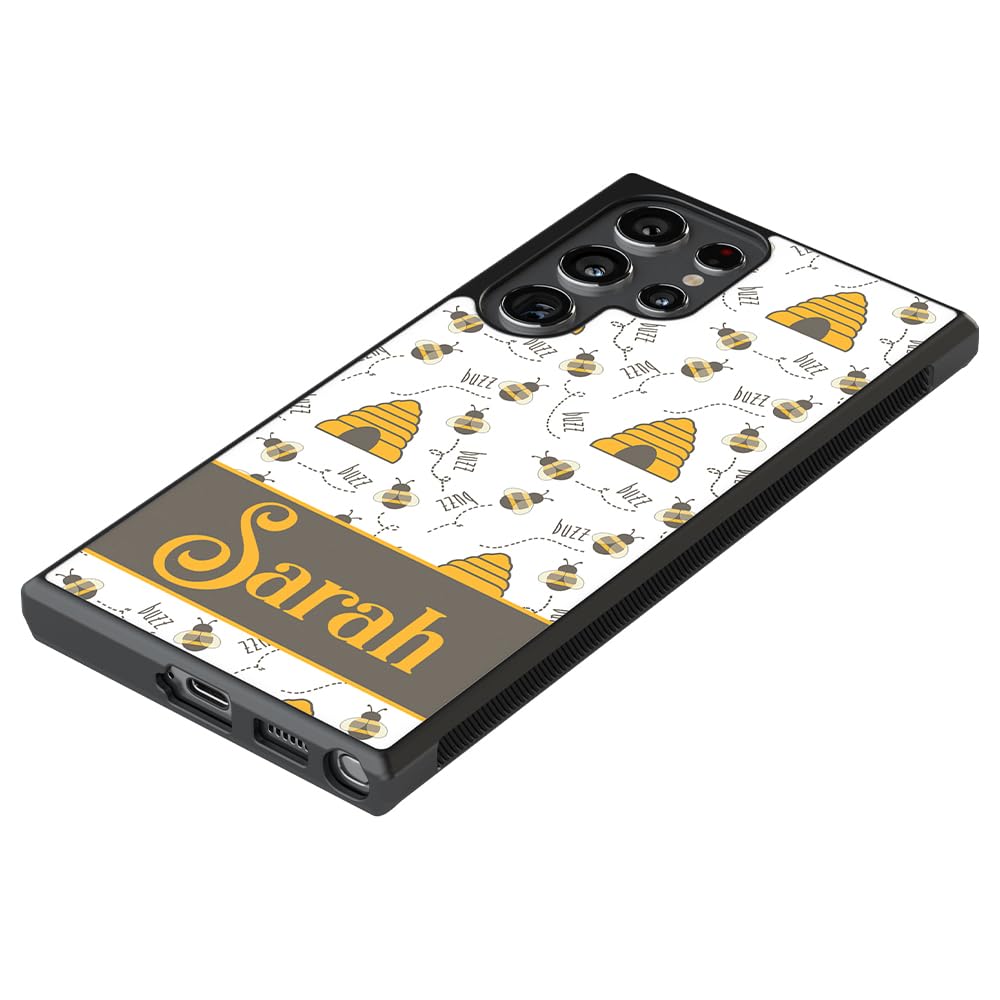 Honey Bumble Bee Personalized Black Rubber Phone Case Compatible With Samsung Galaxy S25 S25+ S25 Ultra S24 S24+ S24 Ultra S24FE, S23 FE S23+ Ultra S22 S22+