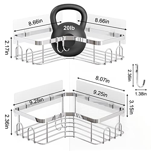 Fixwal 2 Pack Corner Shower Caddy, Adhesive Shower Corner Shelf Organizer with 4 Removable Hooks, No Drilling Shower Shelves for Bathroom Storage (Silver)