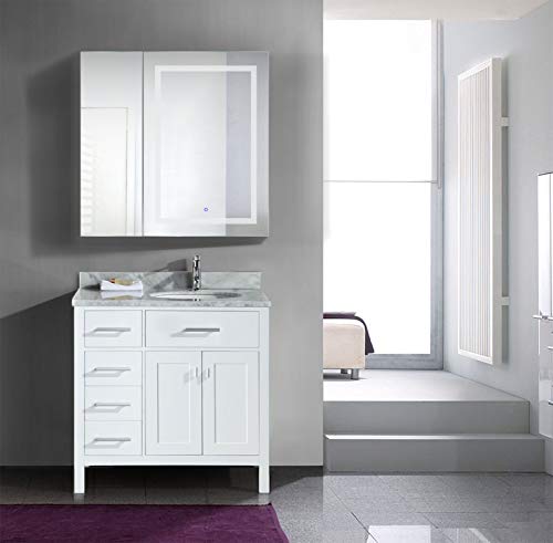 Krugg LED Medicine Cabinet 36 Inch X 36 Inch | Recessed or Surface Mount Mirror Cabinet w/Dimmer & Defogger + 3X Makeup Mirror Inside & Outlet + USB (Right Side Light)