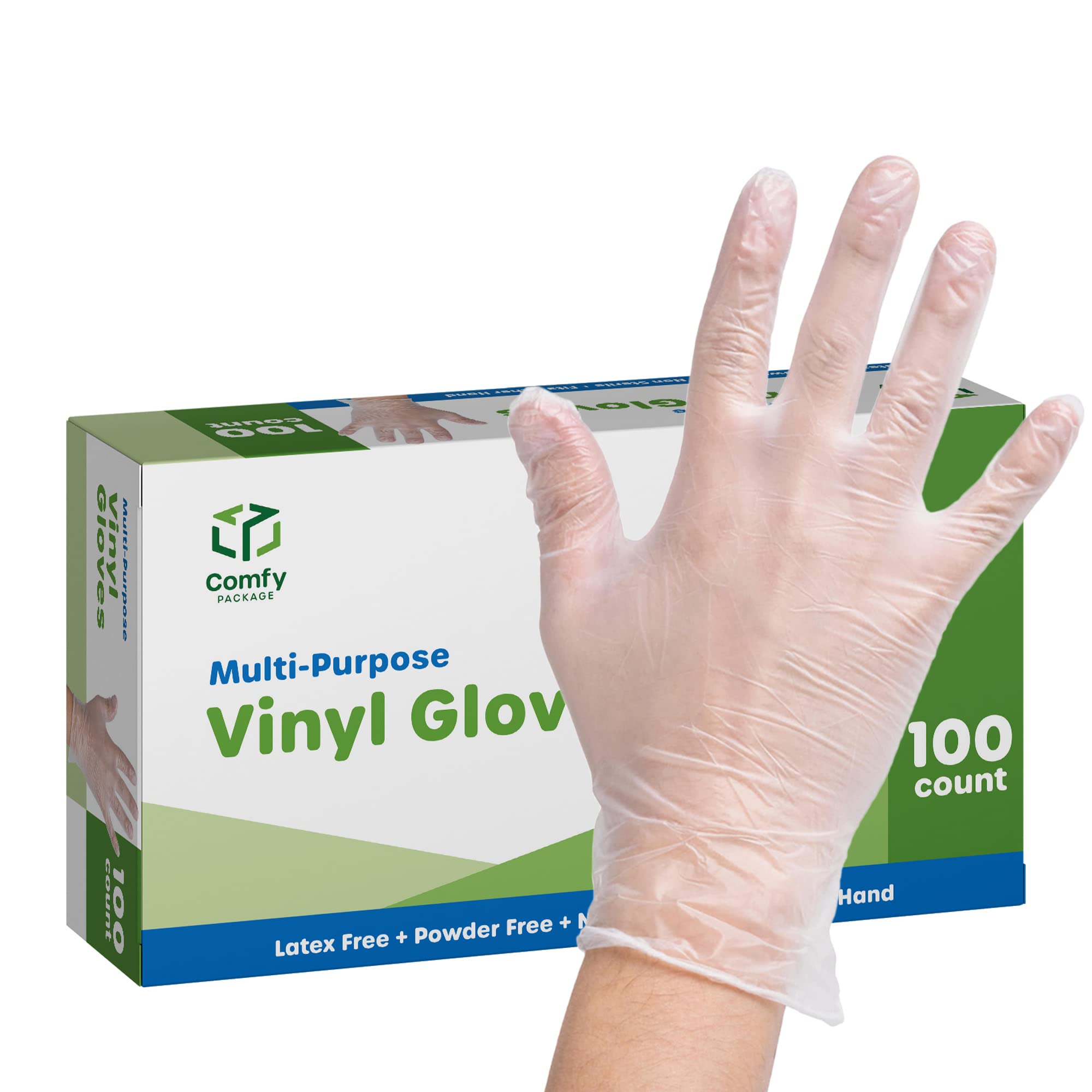 Comfy Package [100 Count Disposable Vinyl Gloves, Powder Free, Latex Free, Clear Gloves for Cooking and cleaning - Large