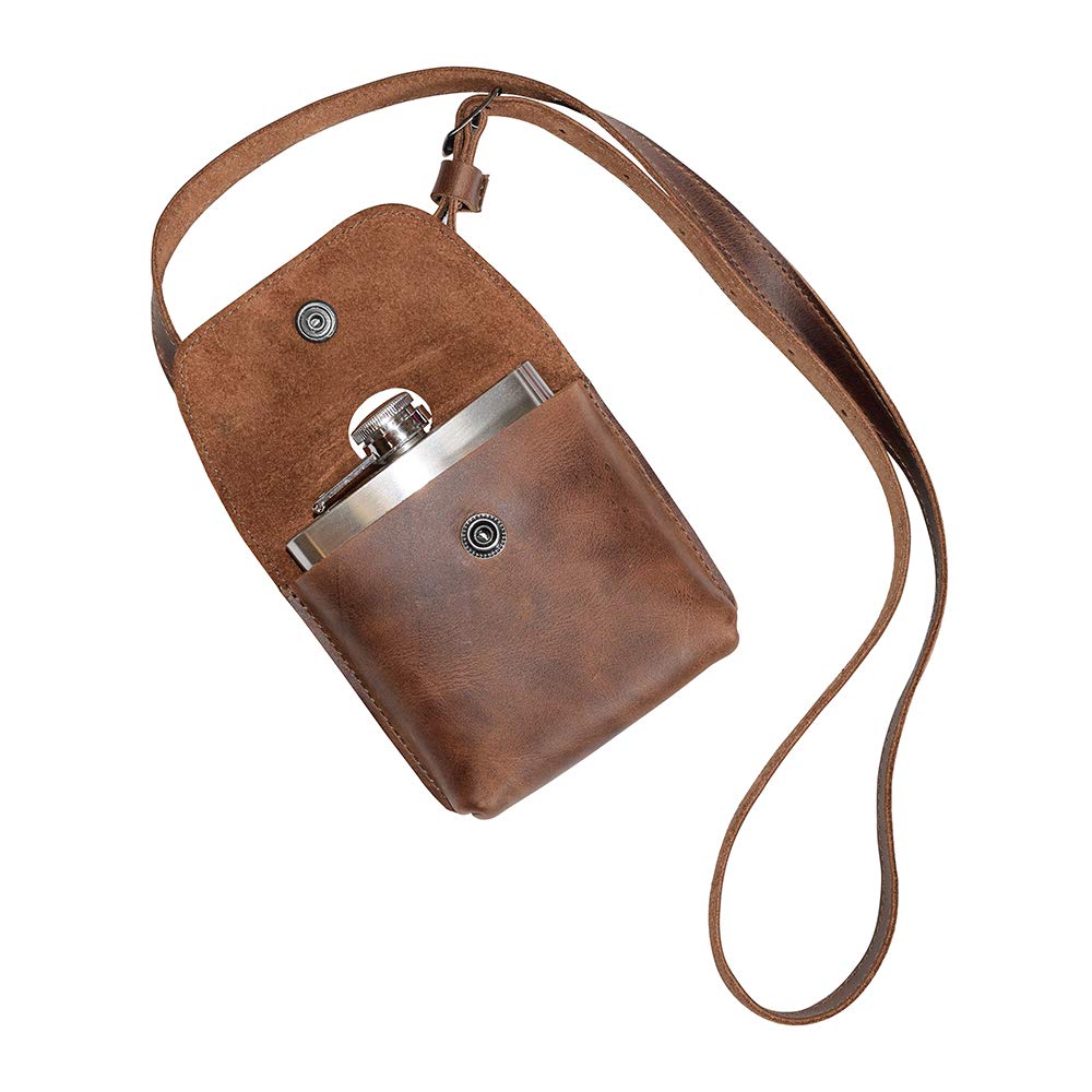 Hide & Drink, Liquor Flask Holder with Adjustable Strap (Bottle not Included) Travel Accessory, Full Grain Leather, Handmade, Bourbon Brown