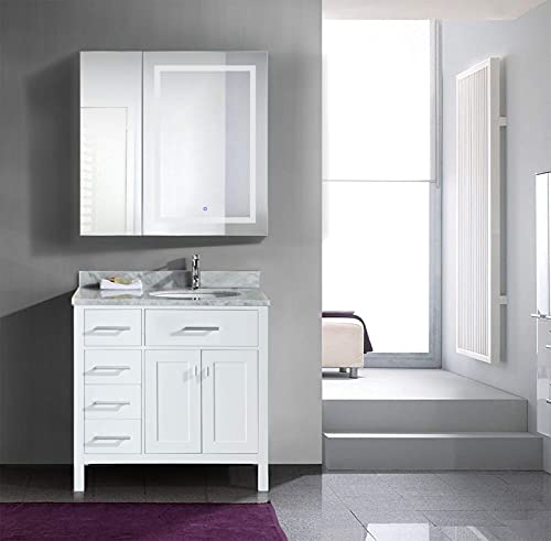 Krugg LED Medicine Cabinet 36 Inch X 36 Inch | Recessed or Surface Mount Mirror Cabinet w/Dimmer & Defogger + 3X Makeup Mirror Inside & Outlet + USB (Right Side Light)