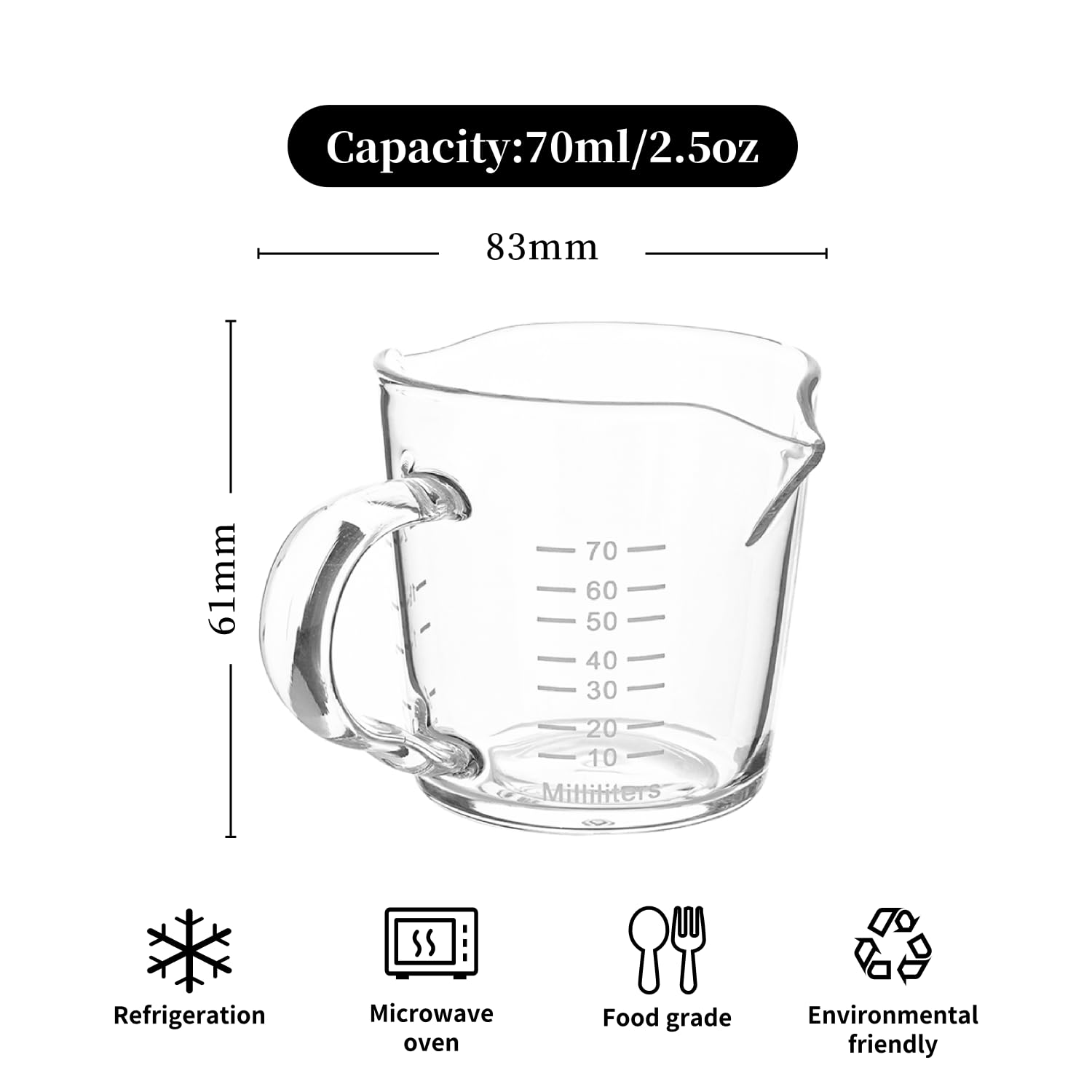 Espresso Shot Glass 70ML/2.3OZ Triple Pitcher Barista Double Spouts With Pouring Handle (1 Pack)