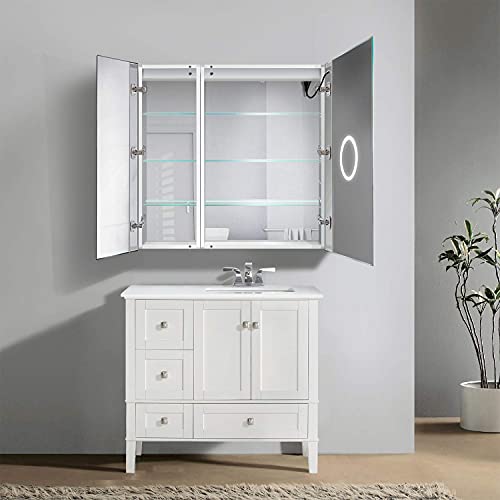 Krugg LED Medicine Cabinet 36 Inch X 36 Inch | Recessed or Surface Mount Mirror Cabinet w/Dimmer & Defogger + 3X Makeup Mirror Inside & Outlet + USB (Right Side Light)