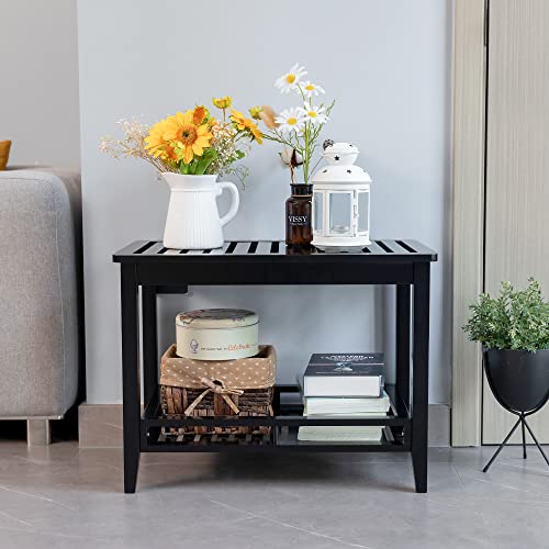 Zoopolyn Bamboo Shower Bench Stool with Storage Shelf Shower Bath Seat for Shaving Legs Waterproof in Bathroom & Inside Shower Black