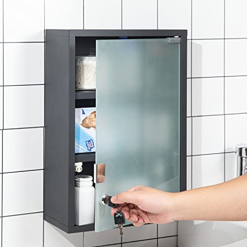 MyGift 18-Inch Bathroom Medicine Cabinet Wall Mounted Metal Storage Cabinet with 3 Shelves Locking Glass Door & Keys