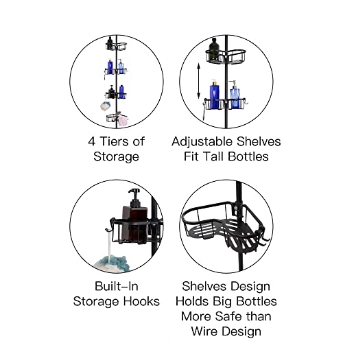Utopia Alley Flat Shelf Tension Rod Shower Organizer - Rustproof Corner Shower Caddy with 4 Adjustable Shelves - Stand Up Shower Corner Shelf, Bathtub Corner Rack - Matte Black Finish