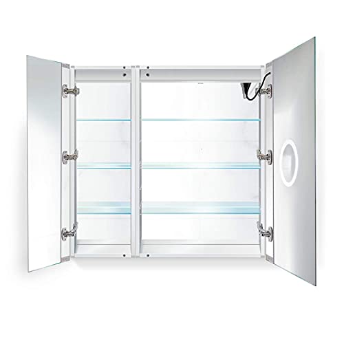 Krugg LED Medicine Cabinet 36 Inch X 36 Inch | Recessed or Surface Mount Mirror Cabinet w/Dimmer & Defogger + 3X Makeup Mirror Inside & Outlet + USB (Right Side Light)