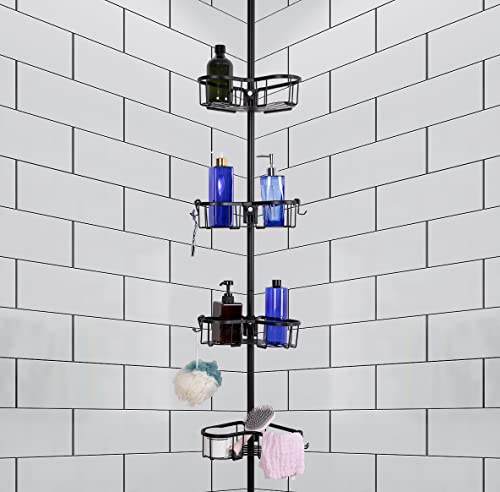 Utopia Alley Flat Shelf Tension Rod Shower Organizer - Rustproof Corner Shower Caddy with 4 Adjustable Shelves - Stand Up Shower Corner Shelf, Bathtub Corner Rack - Matte Black Finish